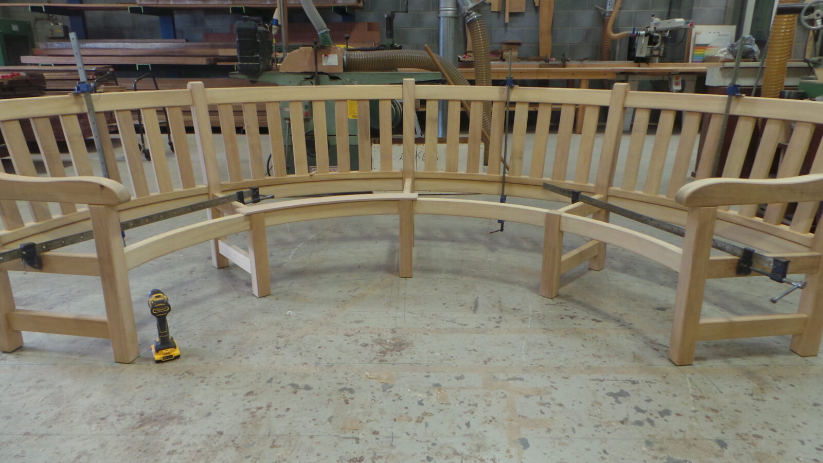 A new York curved wooden bench in production | Woodcraft UK