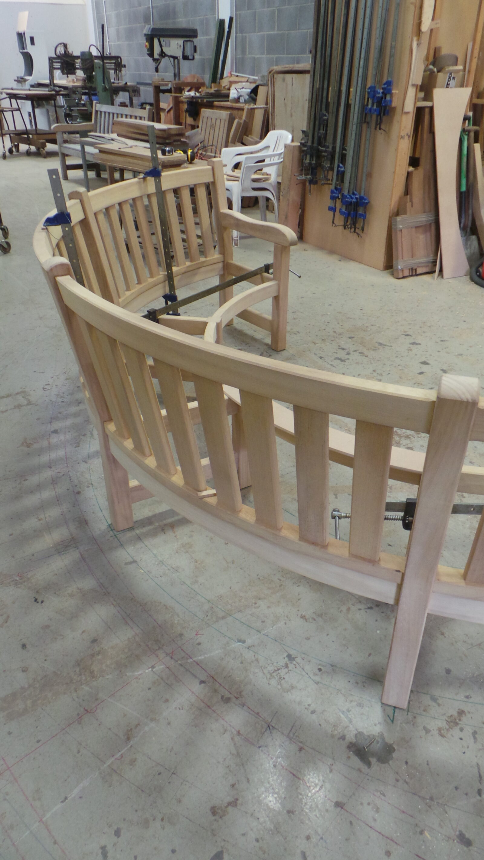 A new York curved wooden bench in production | Woodcraft UK