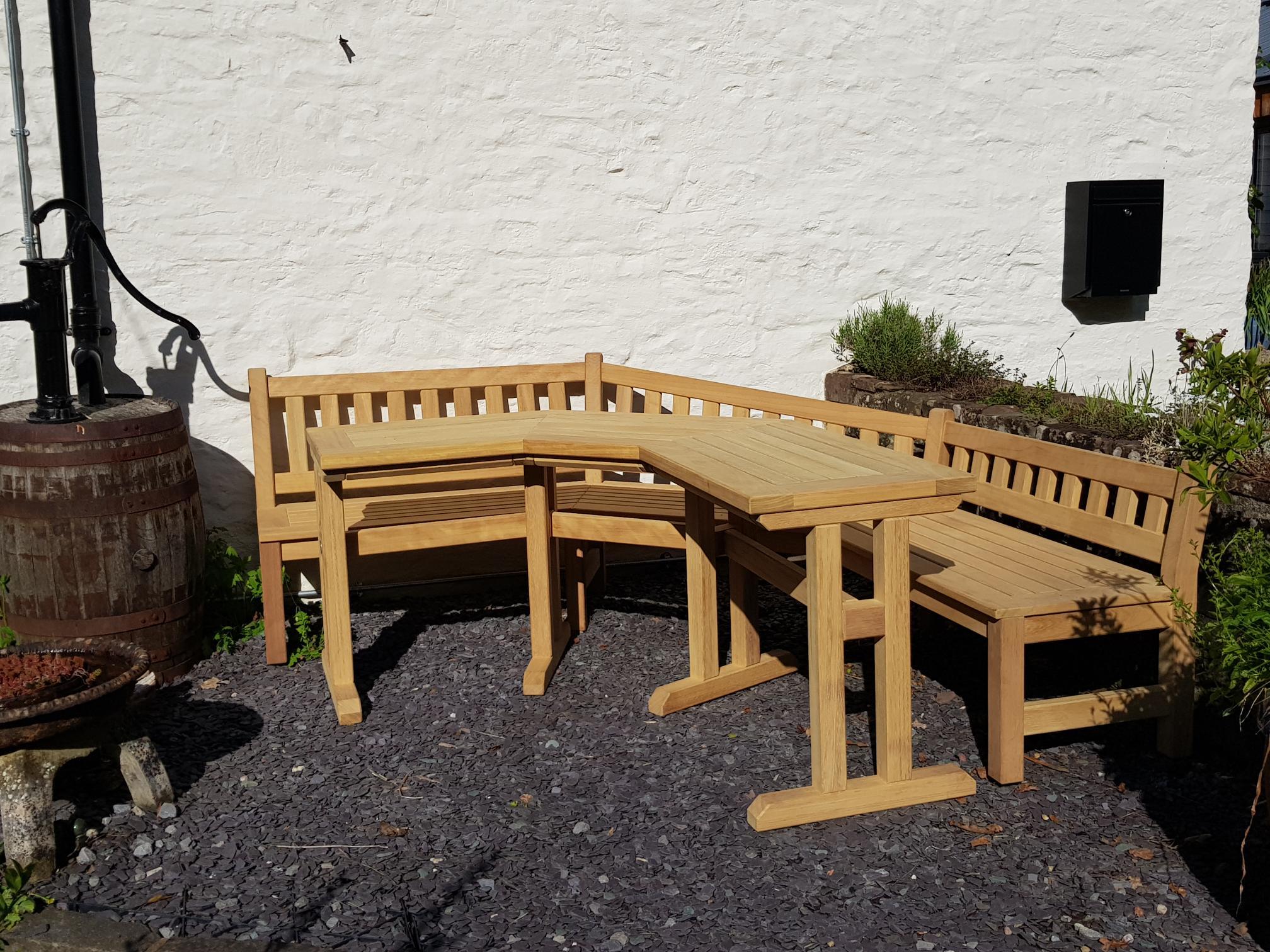 Bespoke corner angled wooden garden bench and table | Woodcraft UK