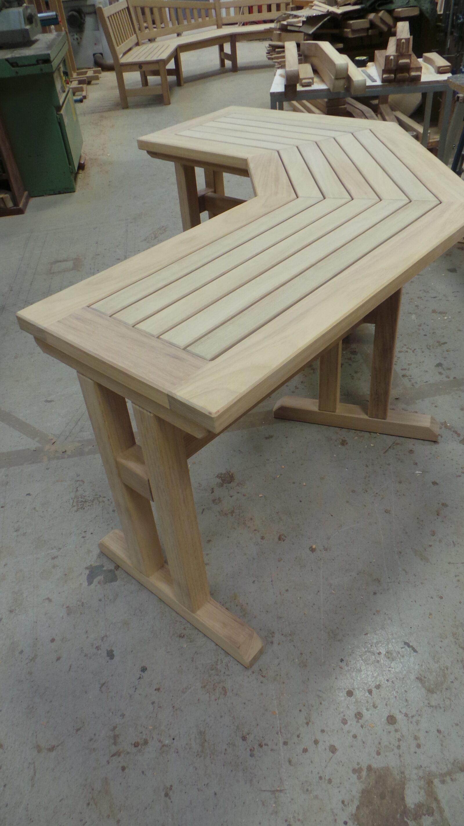 Bespoke corner angled wooden garden bench and table | Woodcraft UK